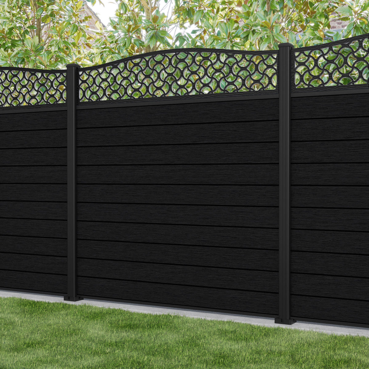 Fusion Vida Curved Top Fence Panel - Black - with our aluminium posts ...