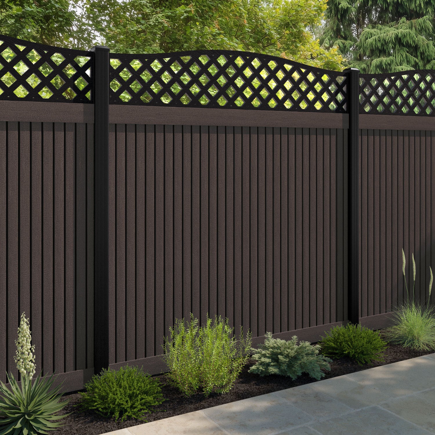 Virtis High Wave Fence Panel - Mid Brown - with our aluminium posts ...