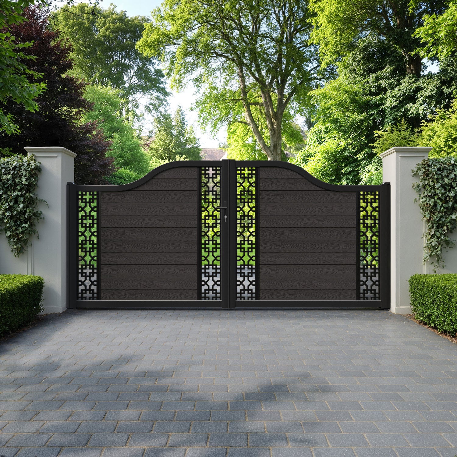Classic Zaria Curved Top Driveway Gate - Dark Oak - Middle & End Scree ...