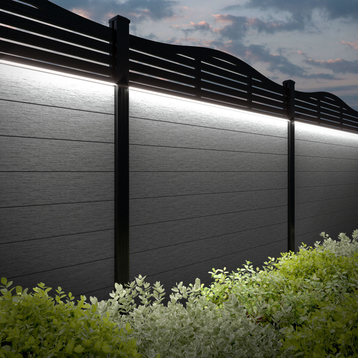 Fusion Aspen Curved Top Fence Panel - Mid Grey - with our aluminium po ...