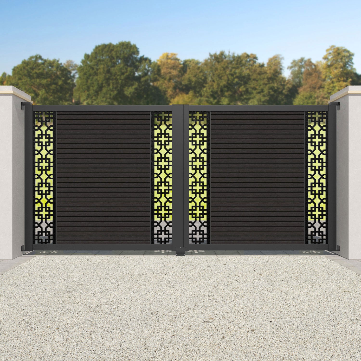 Hudson Zaria Straight Top Driveway Gate - Dark Oak - Middle & End Scre ...