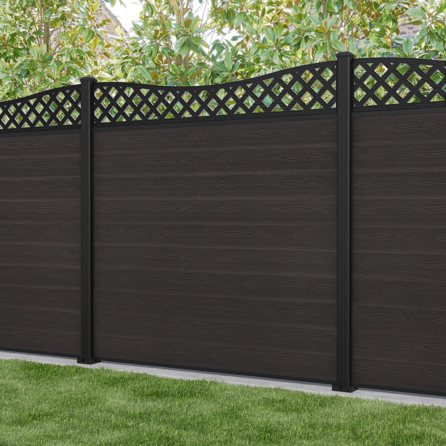 Classic Low Wave Fence Panel - Dark Oak - with our aluminium posts ...
