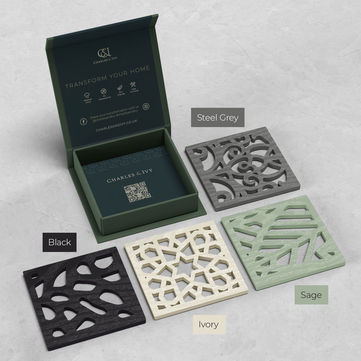 Decorative panels and fence screens sample pack – Charles & Ivy